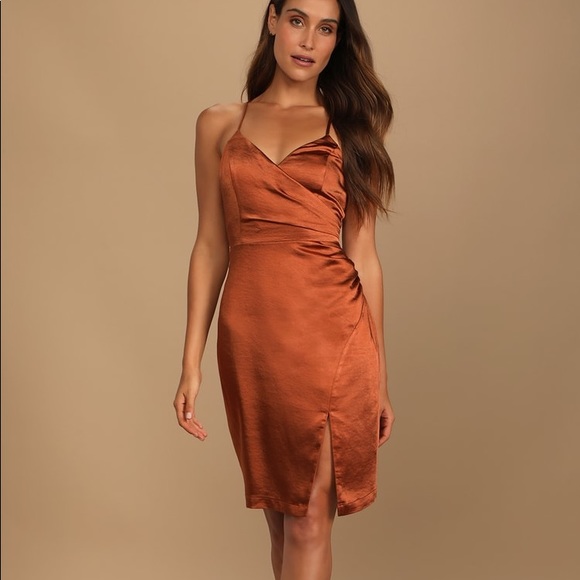 Lulus | Dresses | Lulus Bronze Satin Surplice Fauxwrap Dress | Poshmark